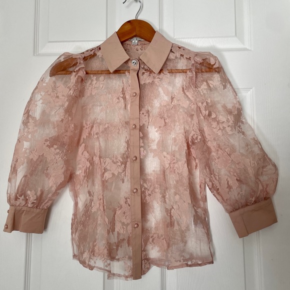 Haute Monde | Tops | Haute Monde Peach Sheer 34 Sleeve Pearl Rhinestone ...
